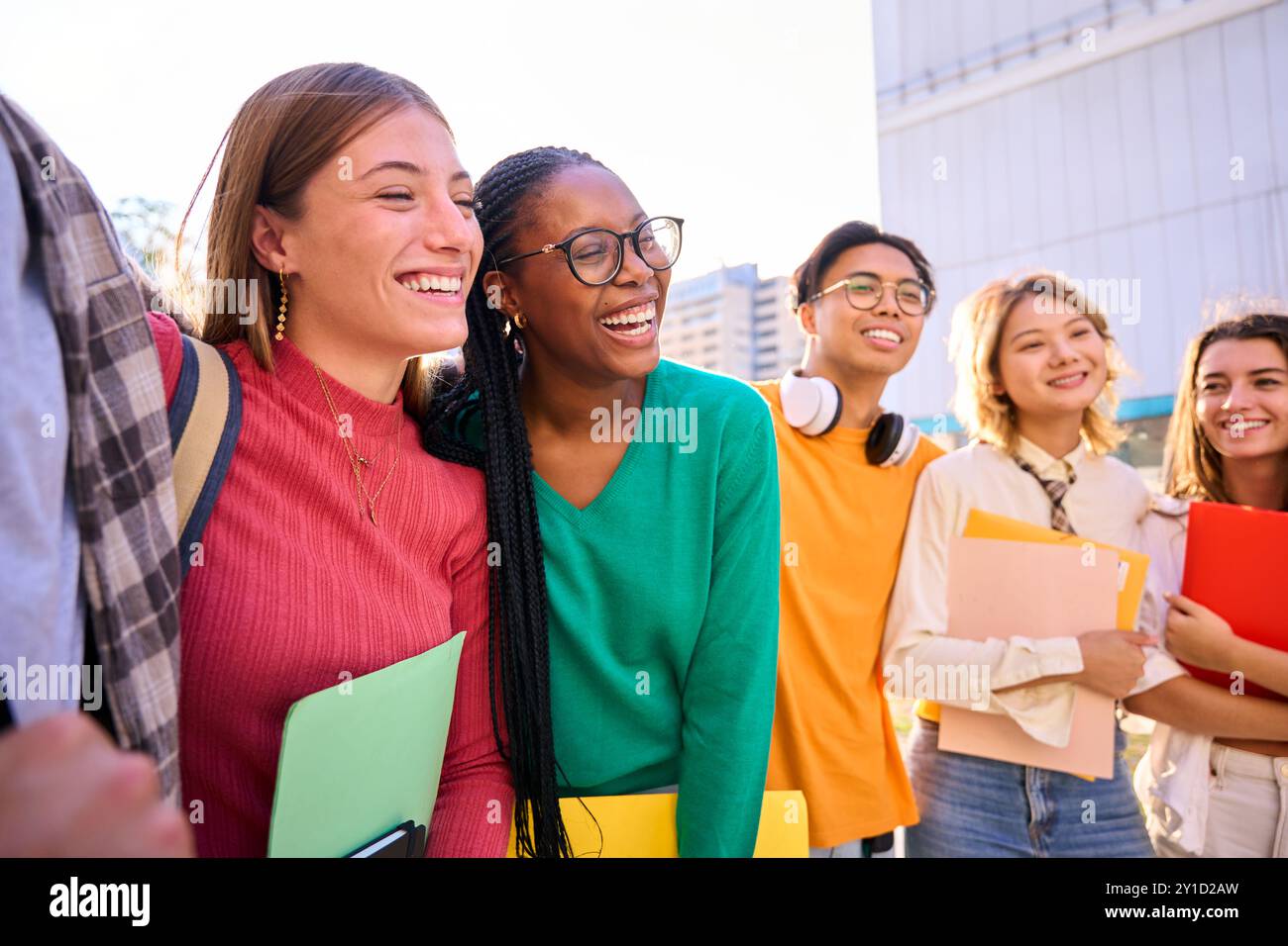 Side view cheerful student group multiracial classmates people standing ...