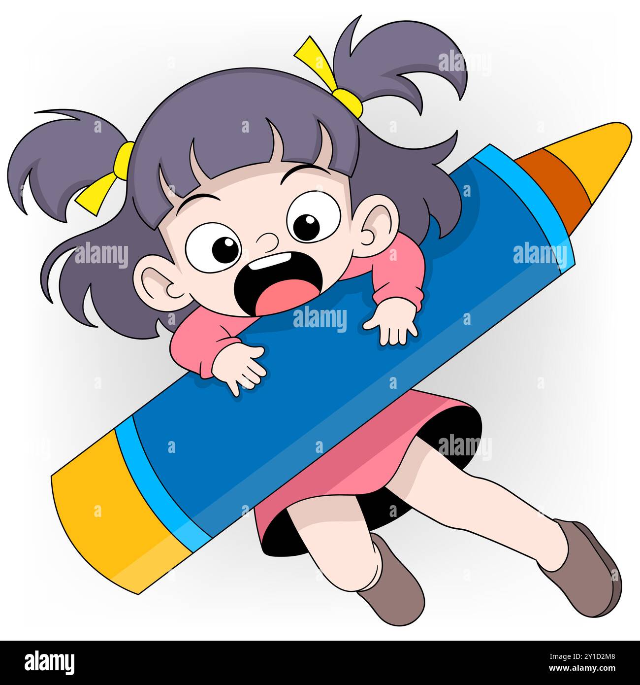 Back to school season doodle cartoon illustration, girl hugging crayon ...