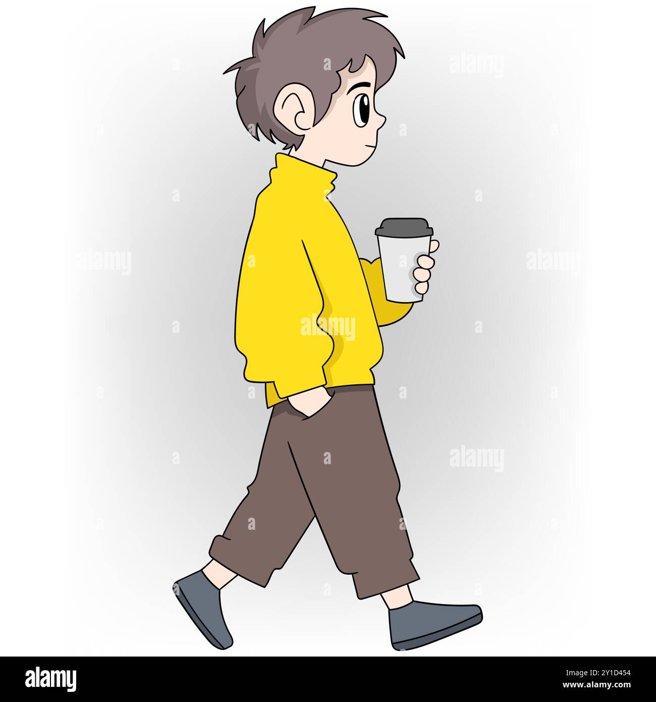 A cartoon style illustration of a person taking a coffee break walk ...