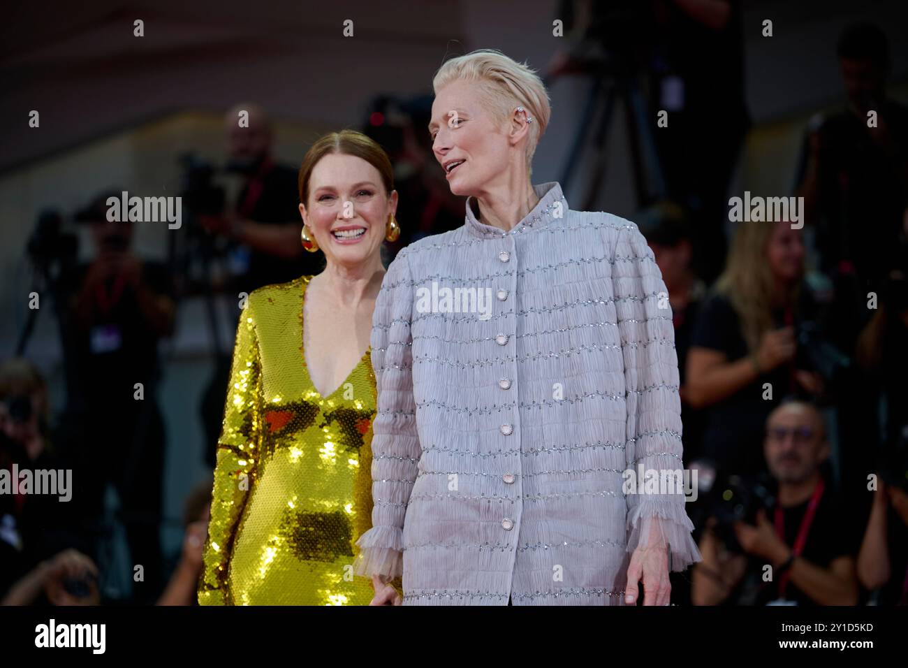 Julianne Moore and Tilda Swinton attend the "The Room Next Door" red ...