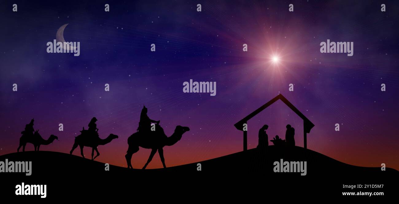 Nativity scene with the Magi in the desert, the star and the birth of ...
