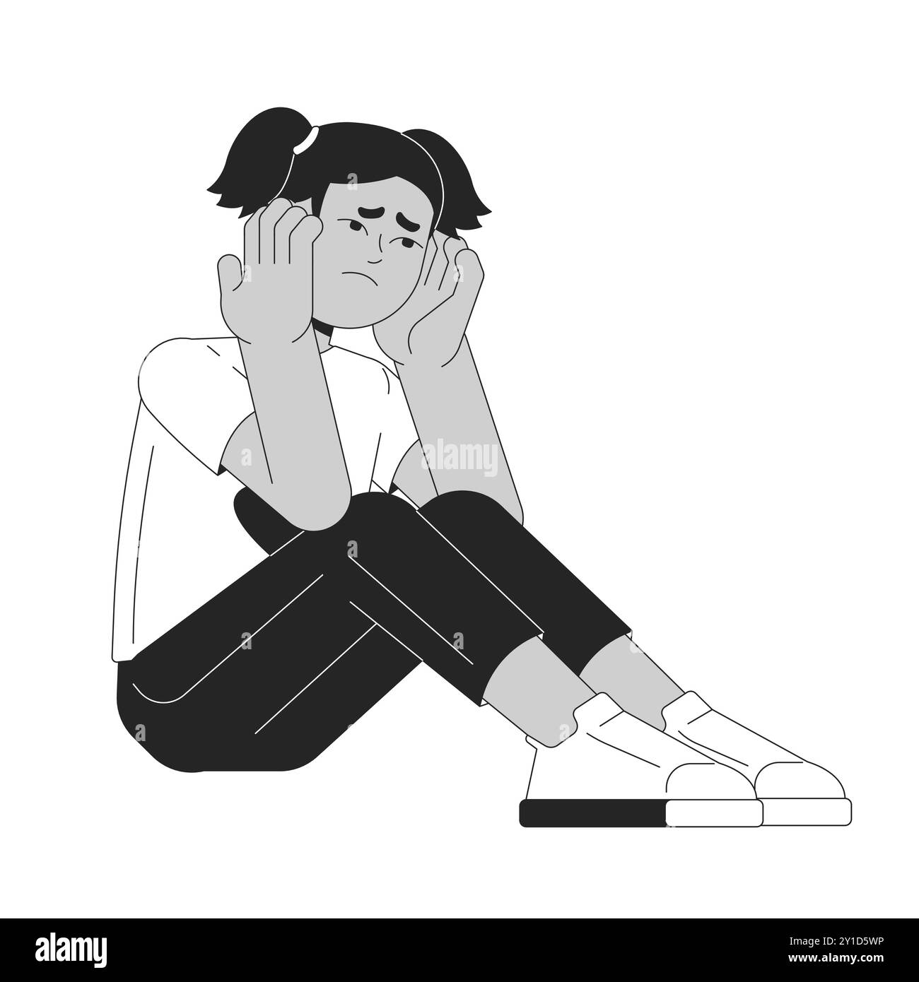 Pensive little girl sitting alone black and white 2D line character ...
