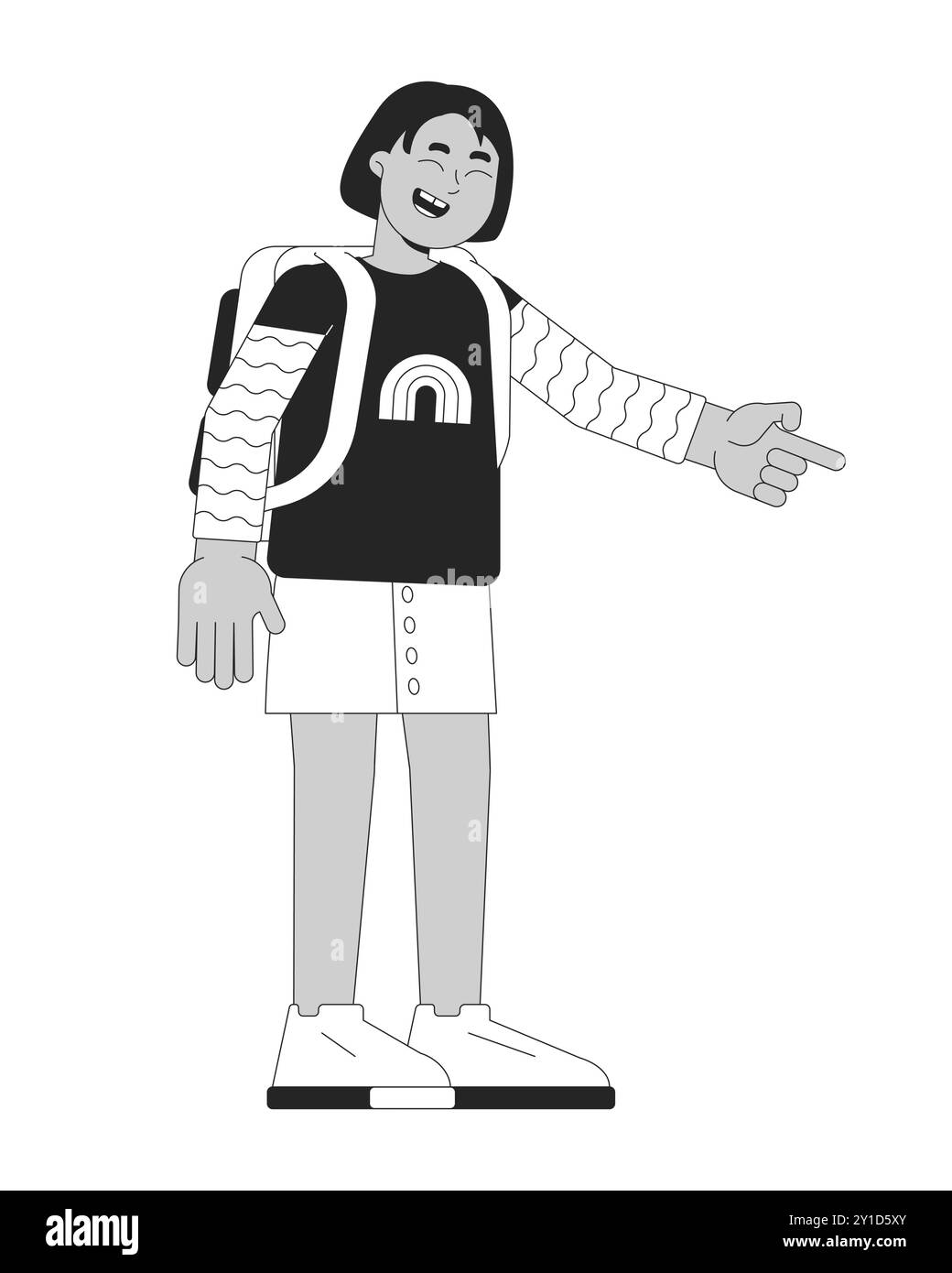 Happy african american girl pointing aside black and white 2D line ...