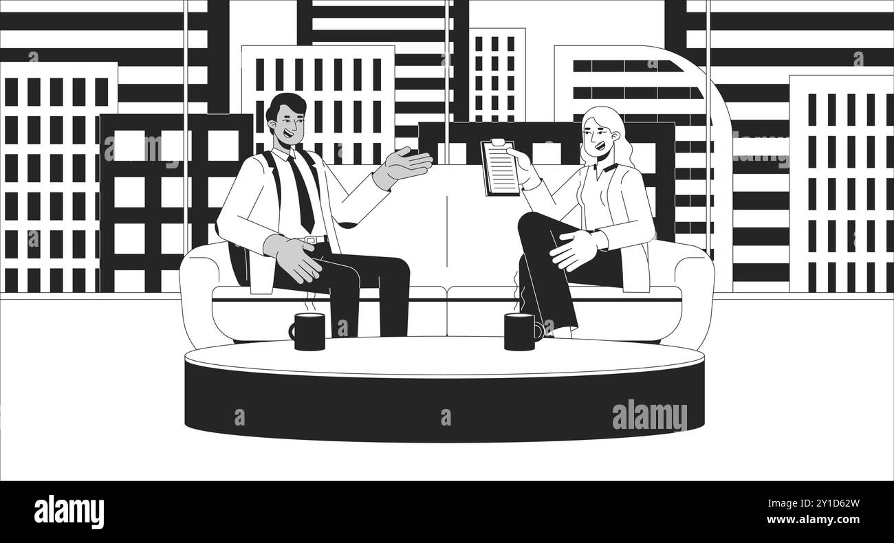 Interview show on TV black and white line illustration Stock Vector ...