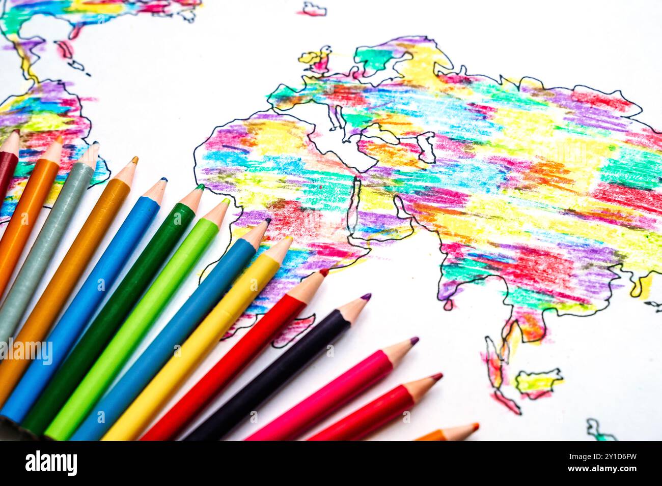 Color drawing world map with colored pencils for children and kids ...
