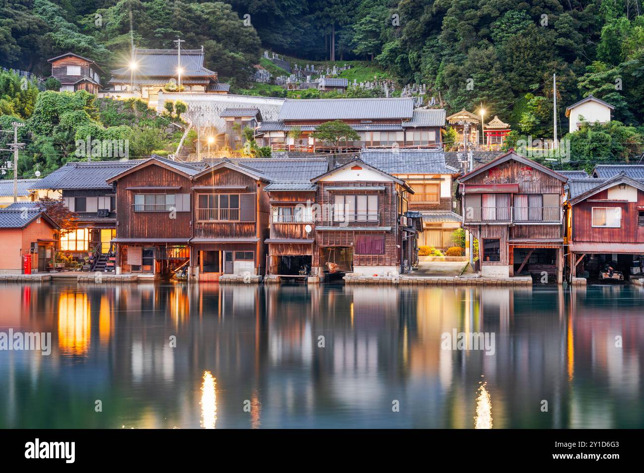 Kyoto, Japan at Ine Bay historic funaya boathouses at dusk Stock Photo ...