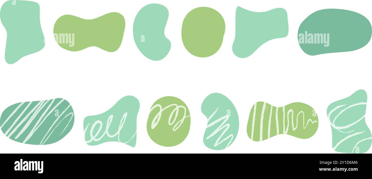 Set of organic irregular green blob shapes with hand drawn crayon ...