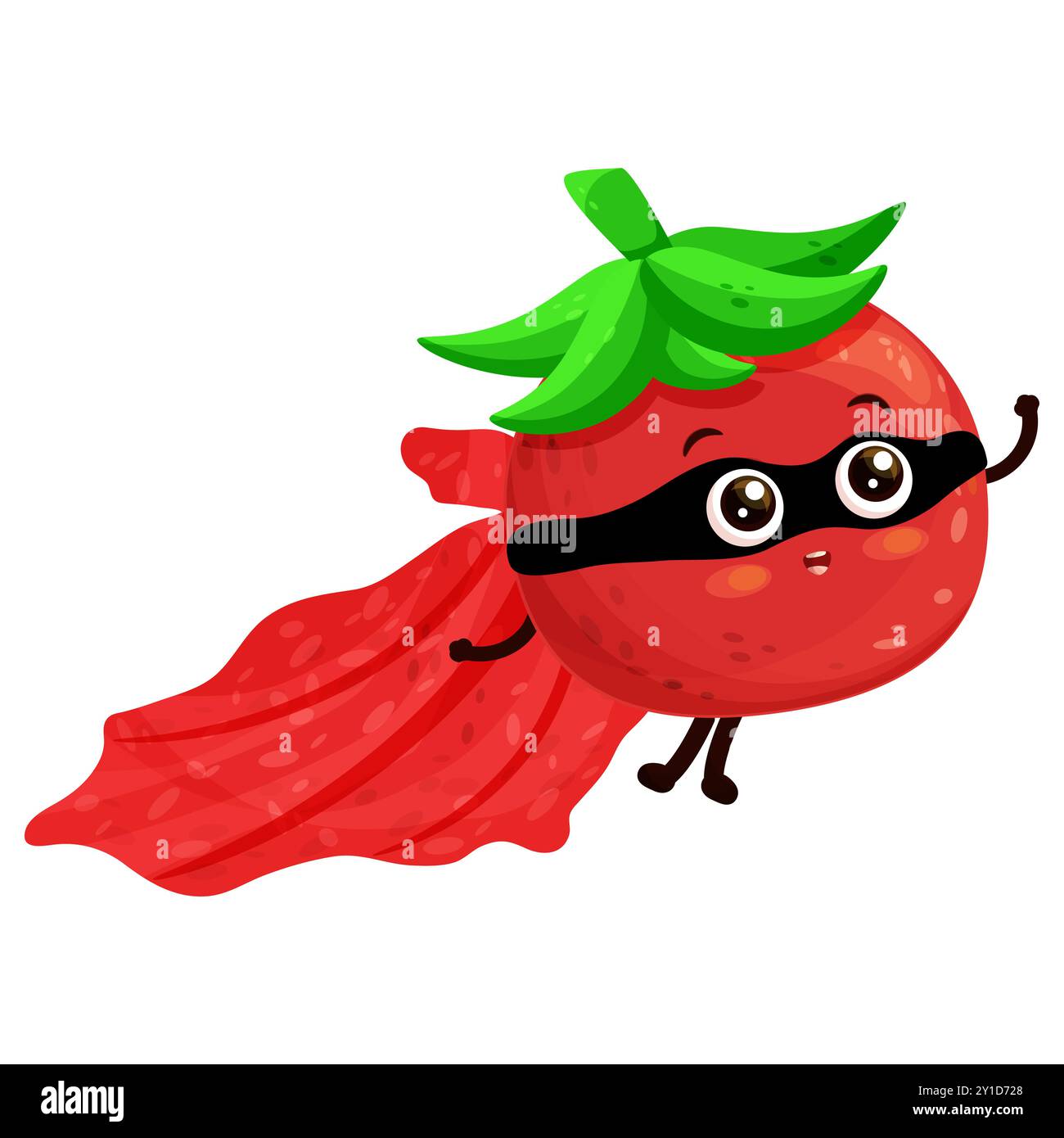Cartoon character super hero tomato in red cape flying and waving hand ...
