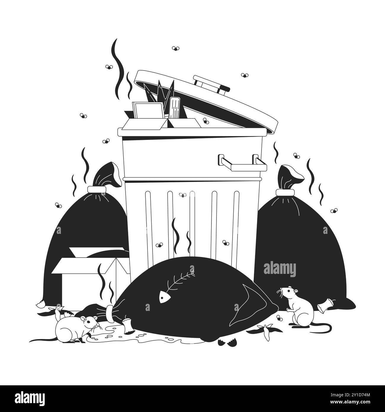 Smelly garbage container and bags with rats cartoon black and white ...