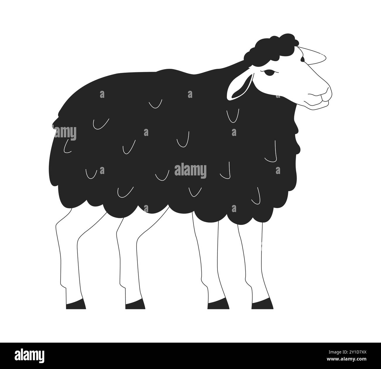 Funny sheep with fluffy wool black and white 2D line character Stock ...