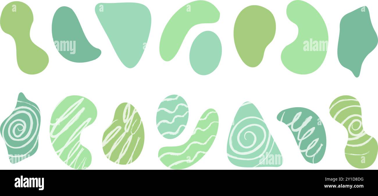 Set of organic irregular green blob shapes with hand drawn crayon ...