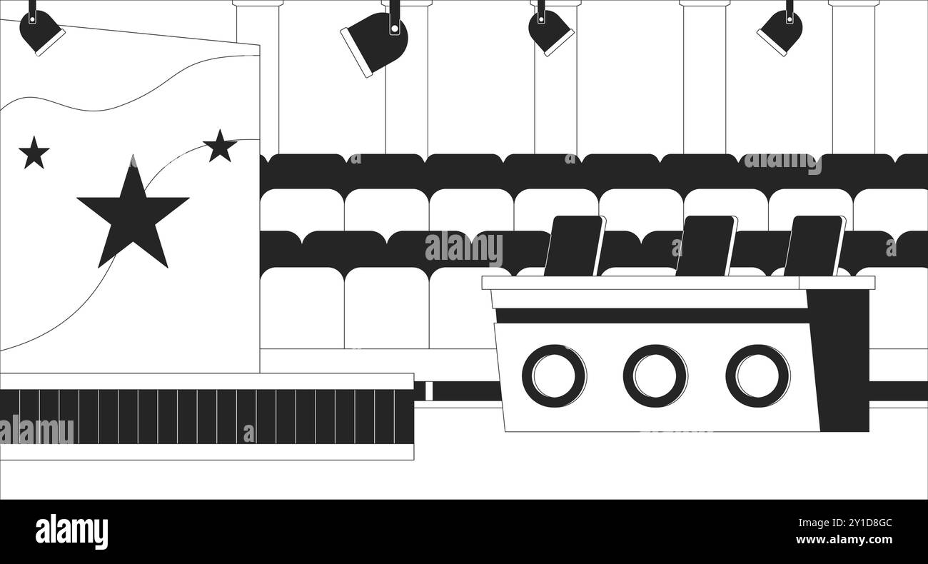 Talent show stage with panel table under spotlights black and white ...