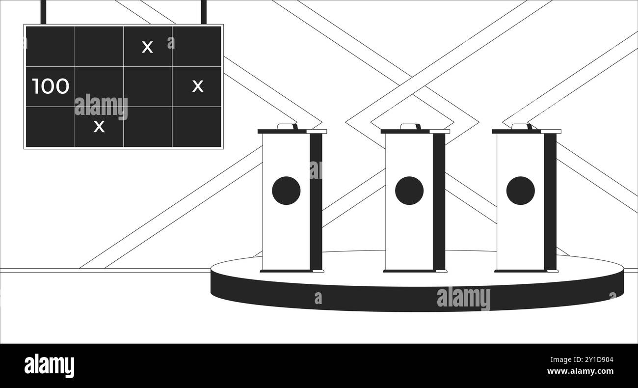 Game show studio with push buzzers and score display black and white ...