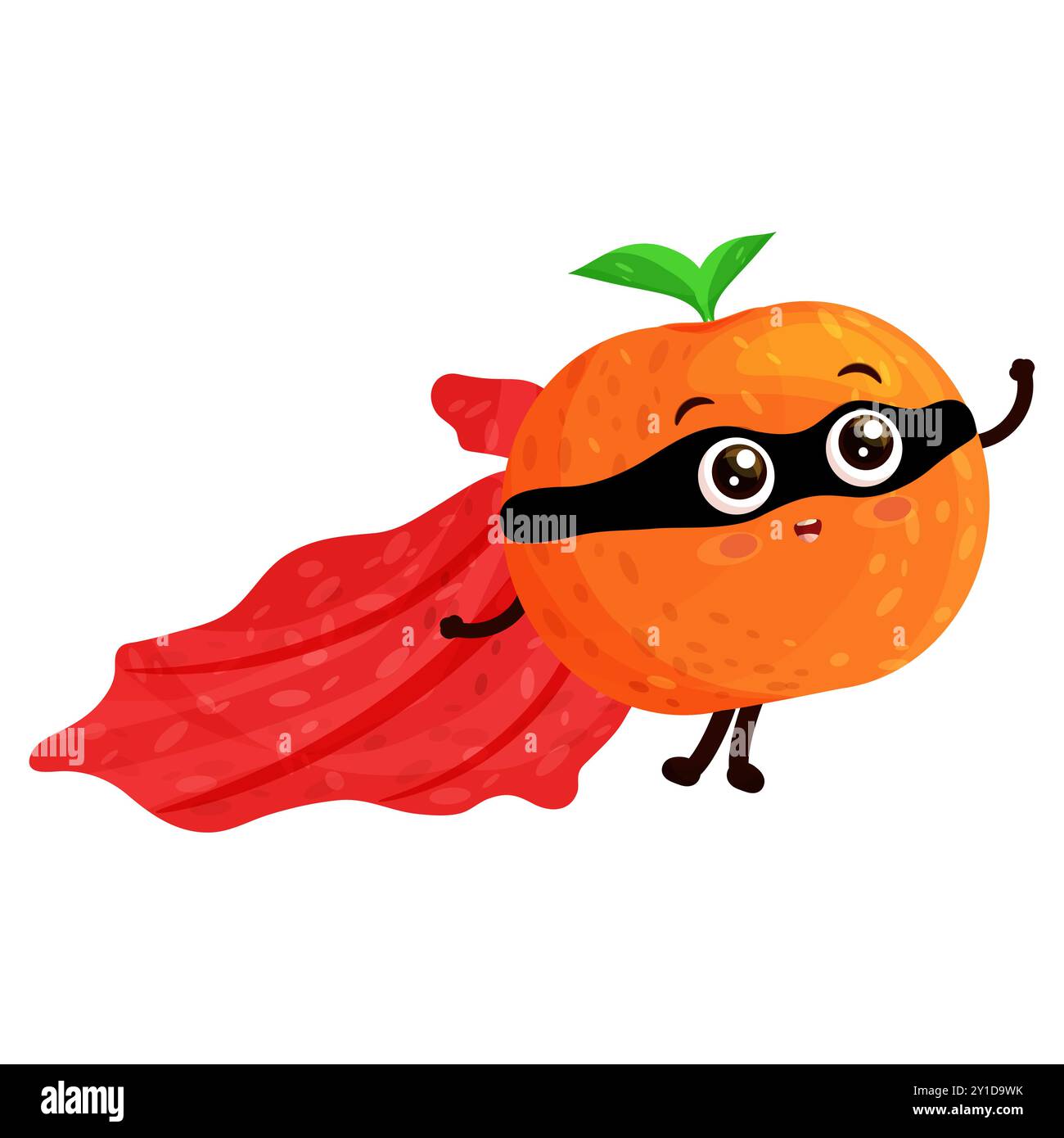 Cartoon character super hero orange fruit in red cape flying and waving ...