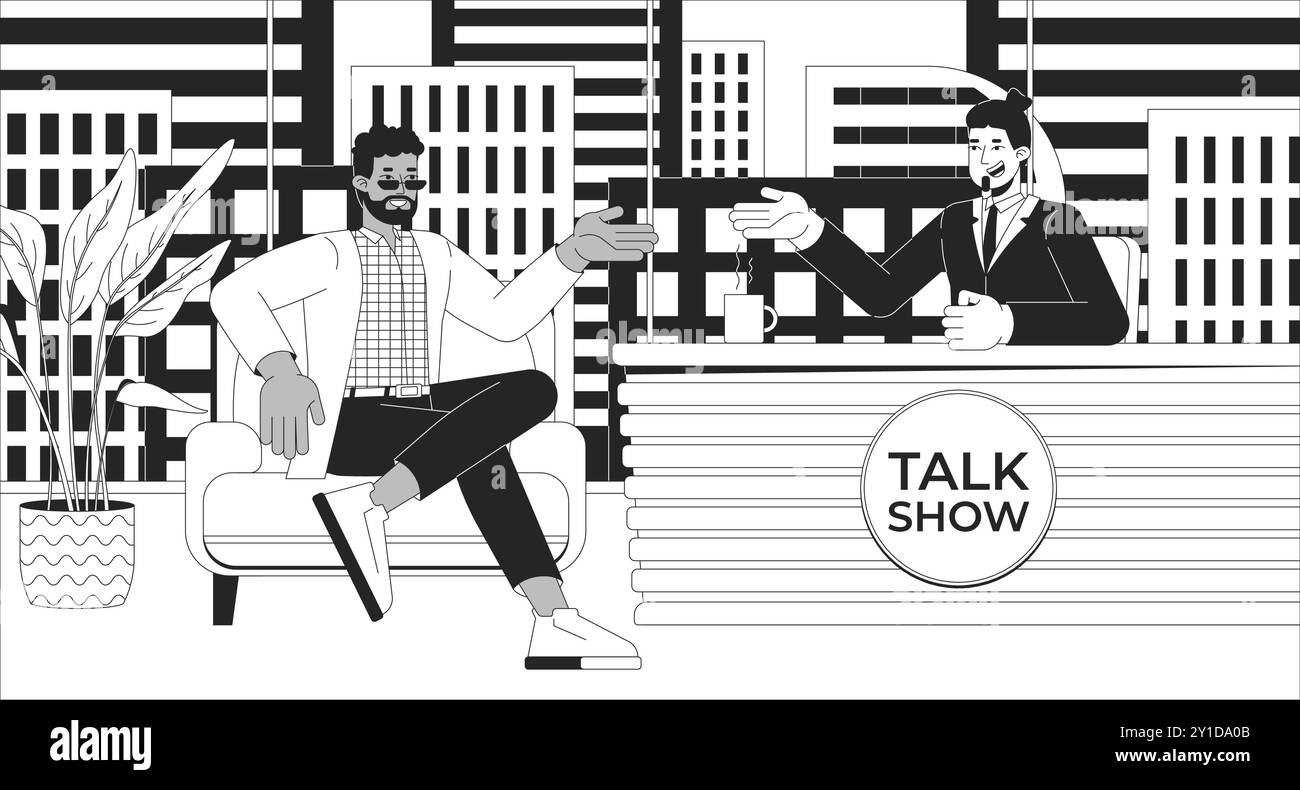 Talk show on TV black and white line illustration Stock Vector Image ...