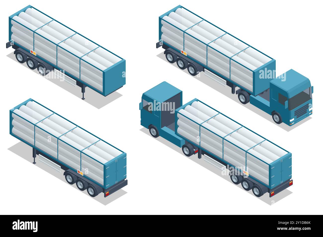 Isometric Pipe locomotive. Truck tractor with flatbed trailer hauling ...