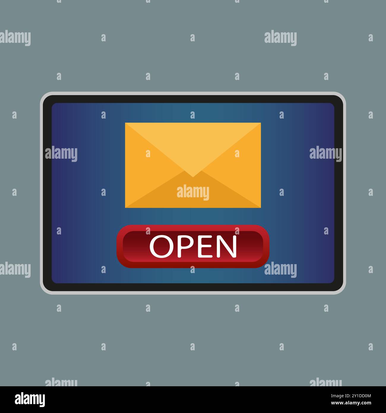 Yellow envelope icon. Red open button. Digital message screen. Vector ...