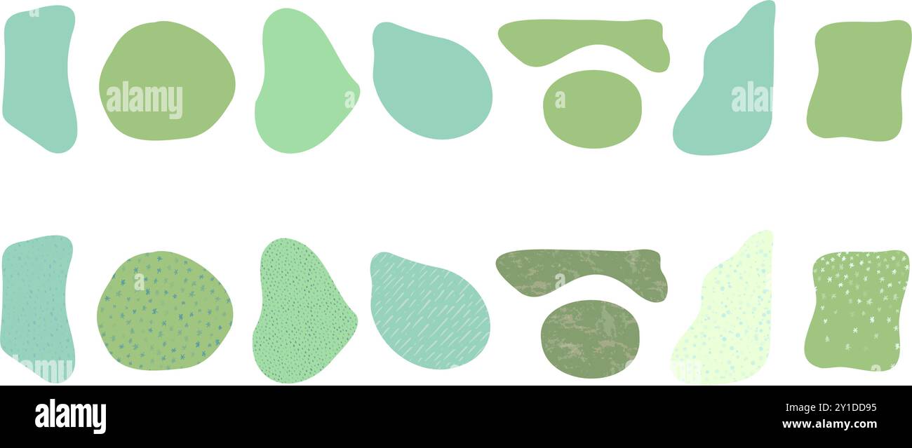 Set of organic irregular green blob shapes with decorative textures Random deform spot fluid ...