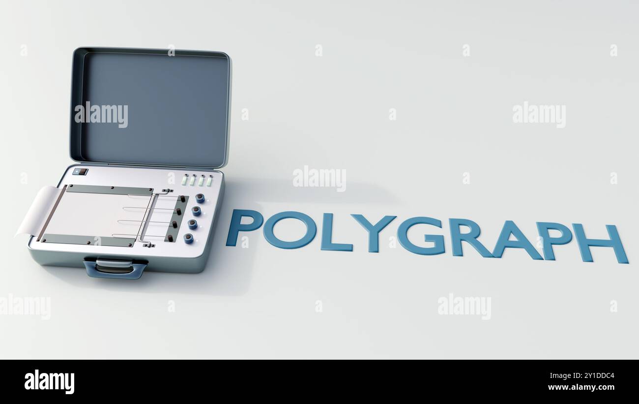 A 3D rendering of an antique polygraph machine with word "POLYGRAPH ...