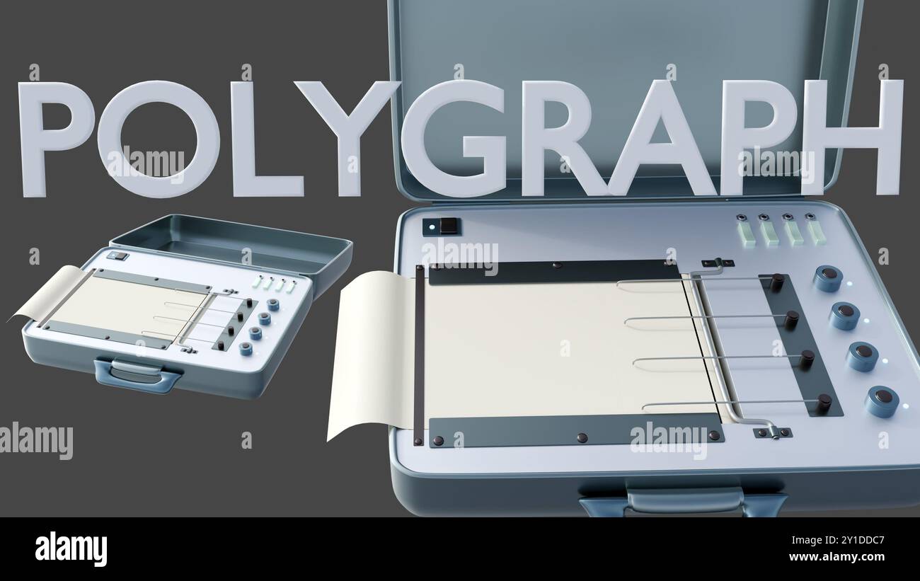 A 3D rendering of an antique polygraph machine with word "POLYGRAPH ...