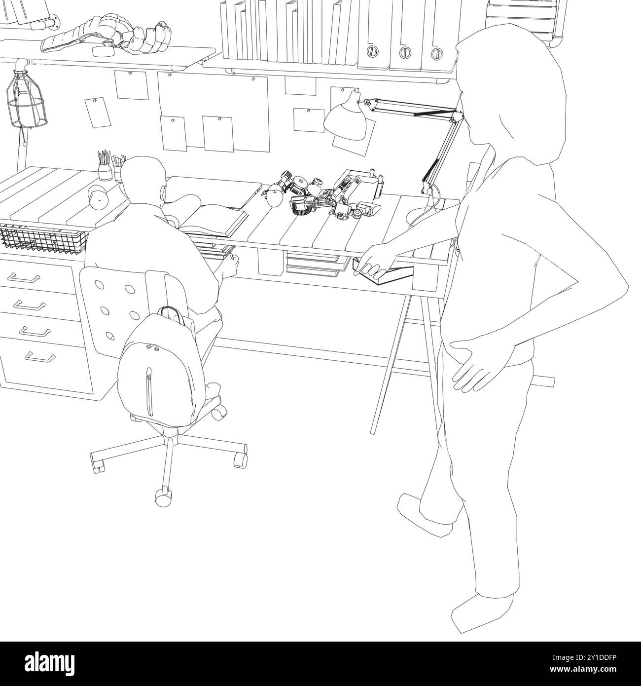 Outline of children room with table and many interior objects. Father ...