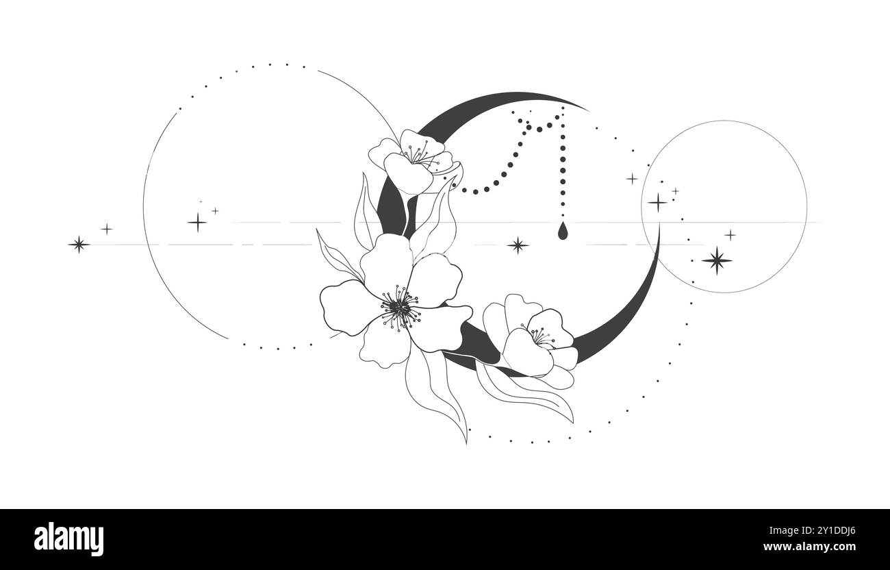 Elegant thin line moon flower contour tattoo, floral spiritual mystic ...