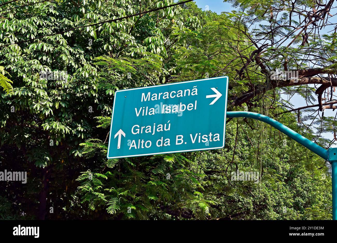 Traffic sign indicating nearby neighborhoods in Tijuca, Rio de Janeiro ...