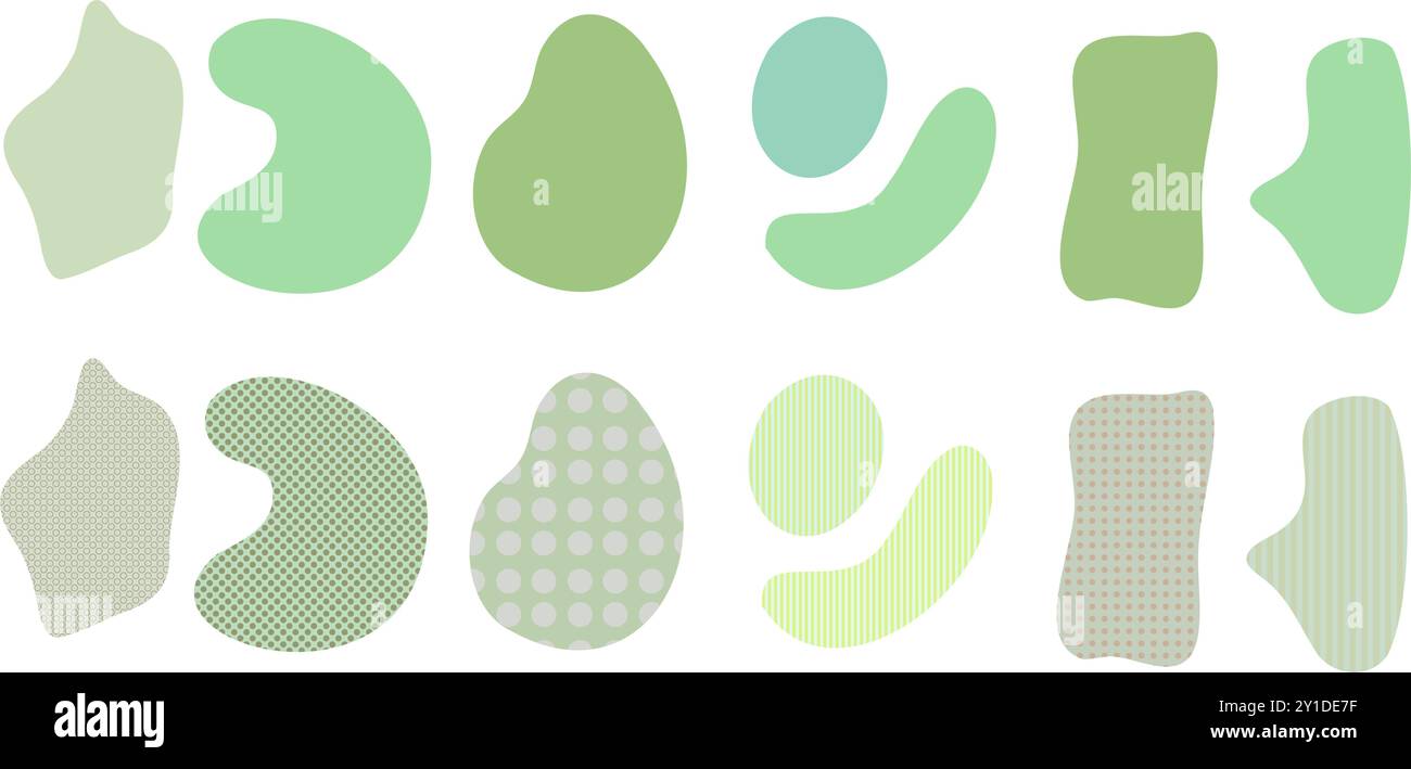 Set of organic irregular green blob shapes with polka dot, line ...