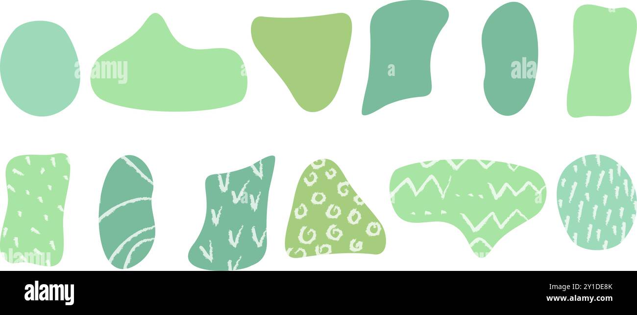Set of organic irregular green blob shapes with hand drawn crayon ...