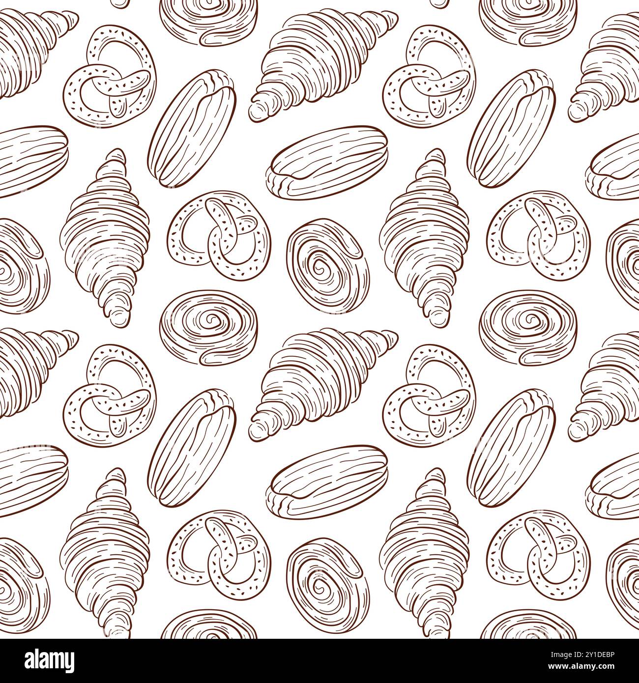 Seamless pattern with bakery food croissant, pretzel, roll and eclair ...