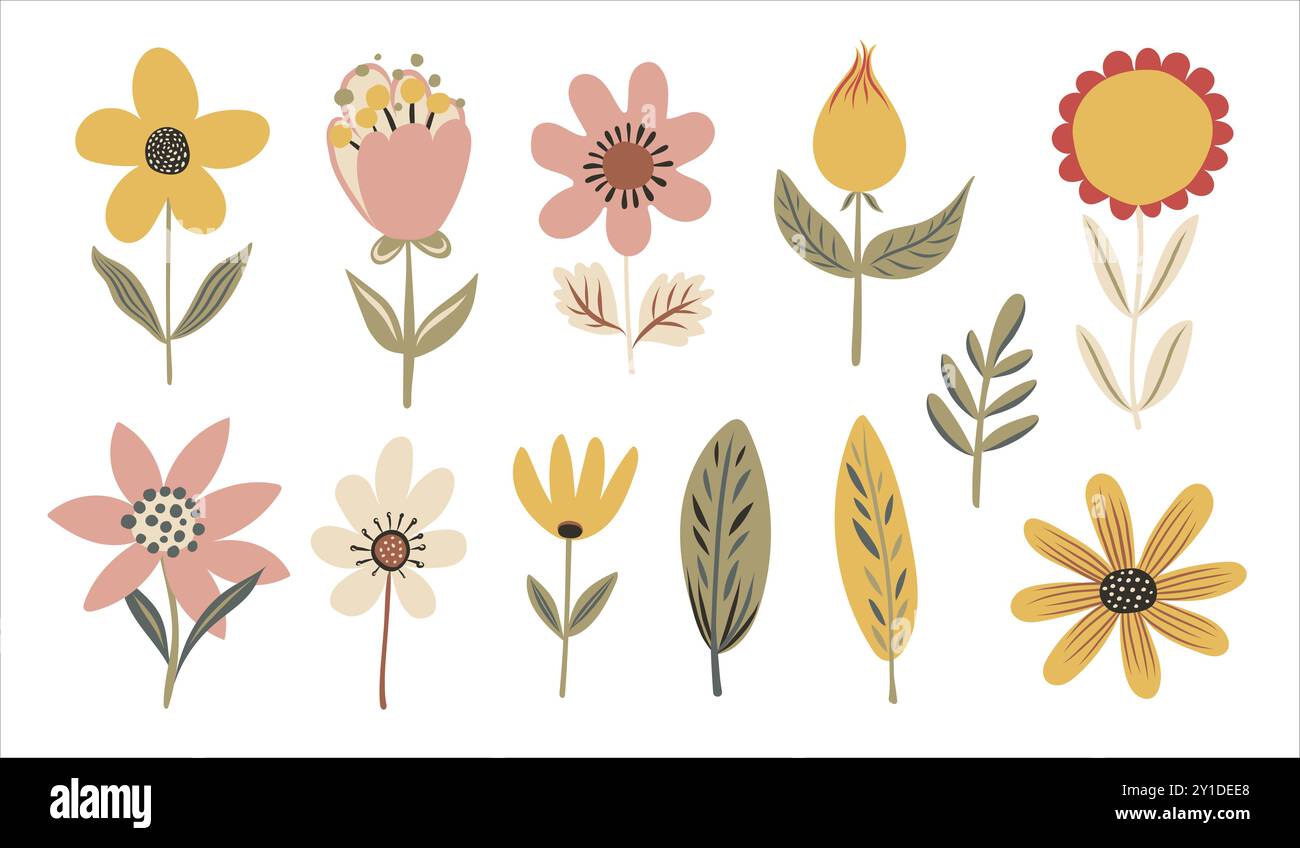 Set of cute flowers plant in cartoon style. Hand drawn vector doodle ...