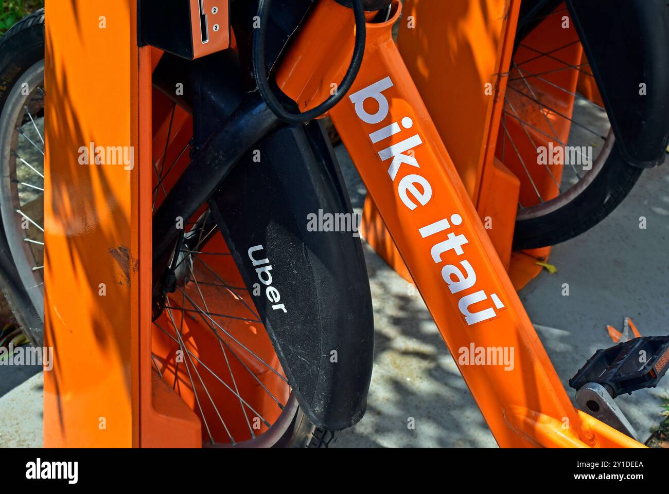 RIO DE JANEIRO, BRAZIL - August 31, 2024: Rental bike station full of ...