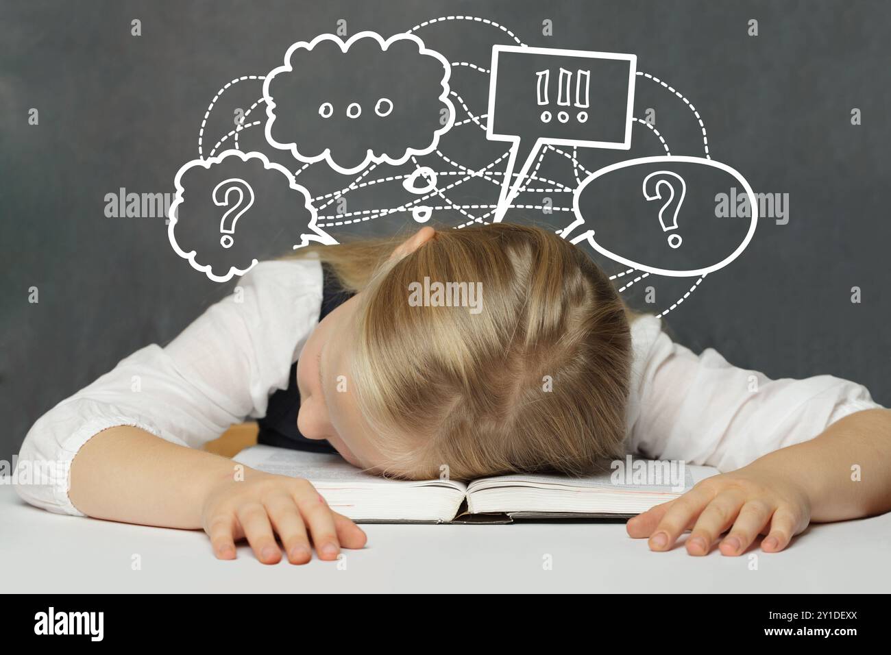 child girl with thought cloud bubble above head thinking on white ...