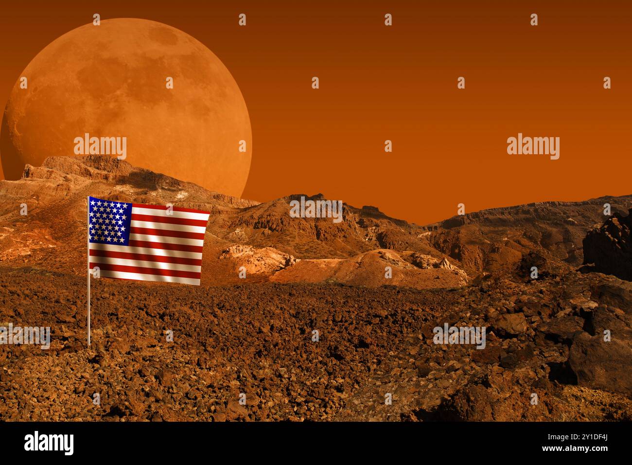 Red Mars landscape. Planet surface with US flag Stock Photo - Alamy