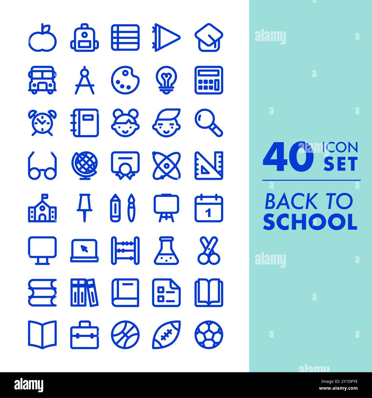 Back to school. 40 icon set. Concept of education, school, learning, subjects. Outline ...