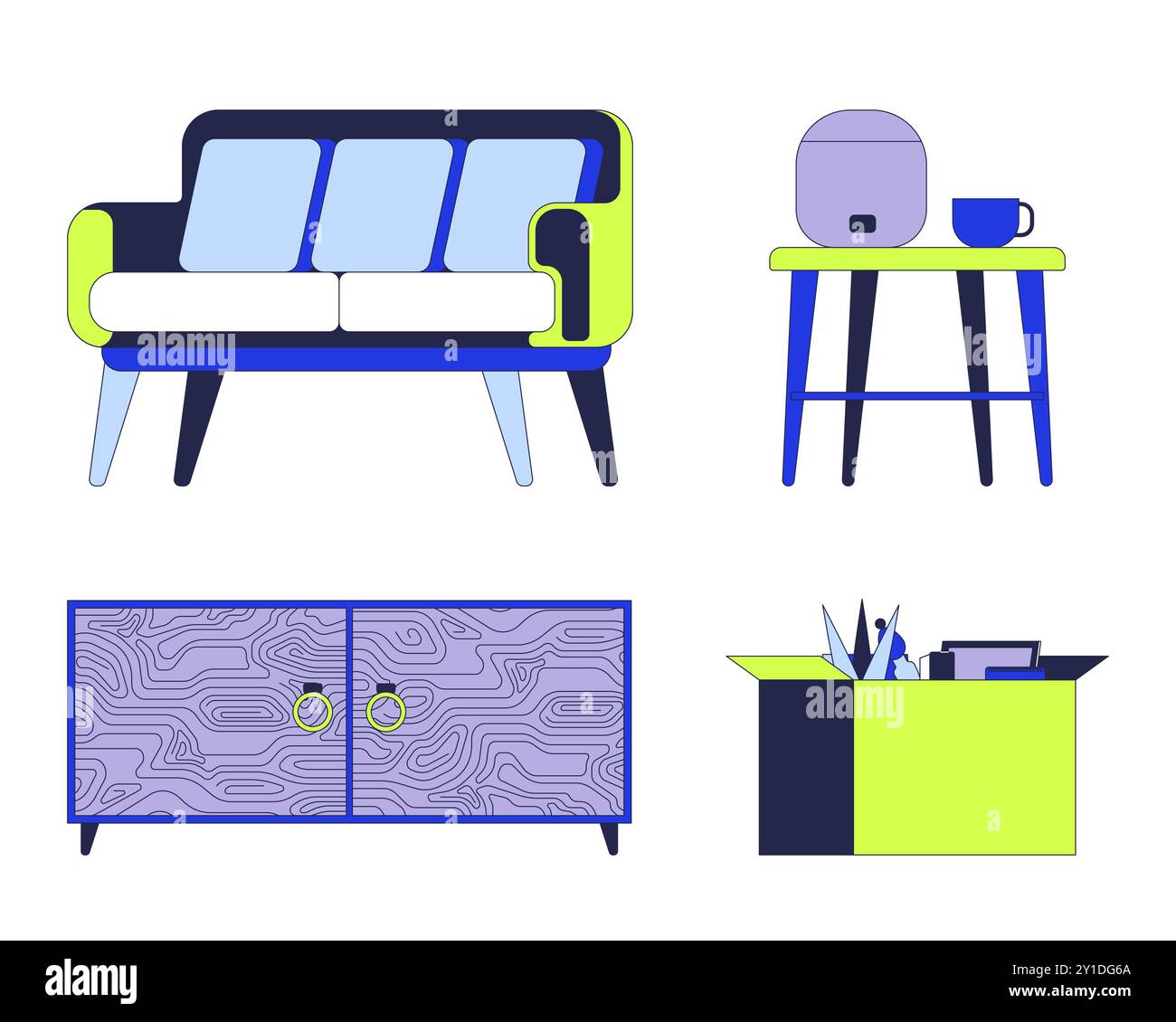 Minimalist furniture and personal stuff 2D linear cartoon objects set ...