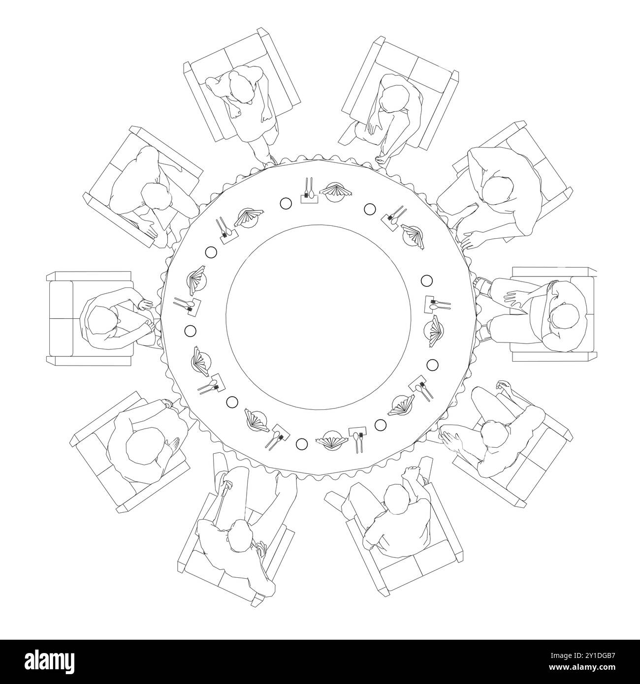 Outline of people sitting in restaurant on chairs at the round table ...