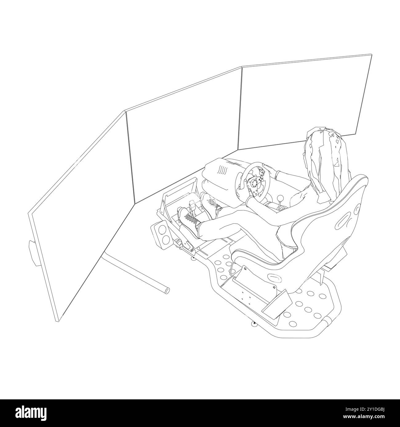 Outline of a girl sitting at a realistic gaming simulator with a ...
