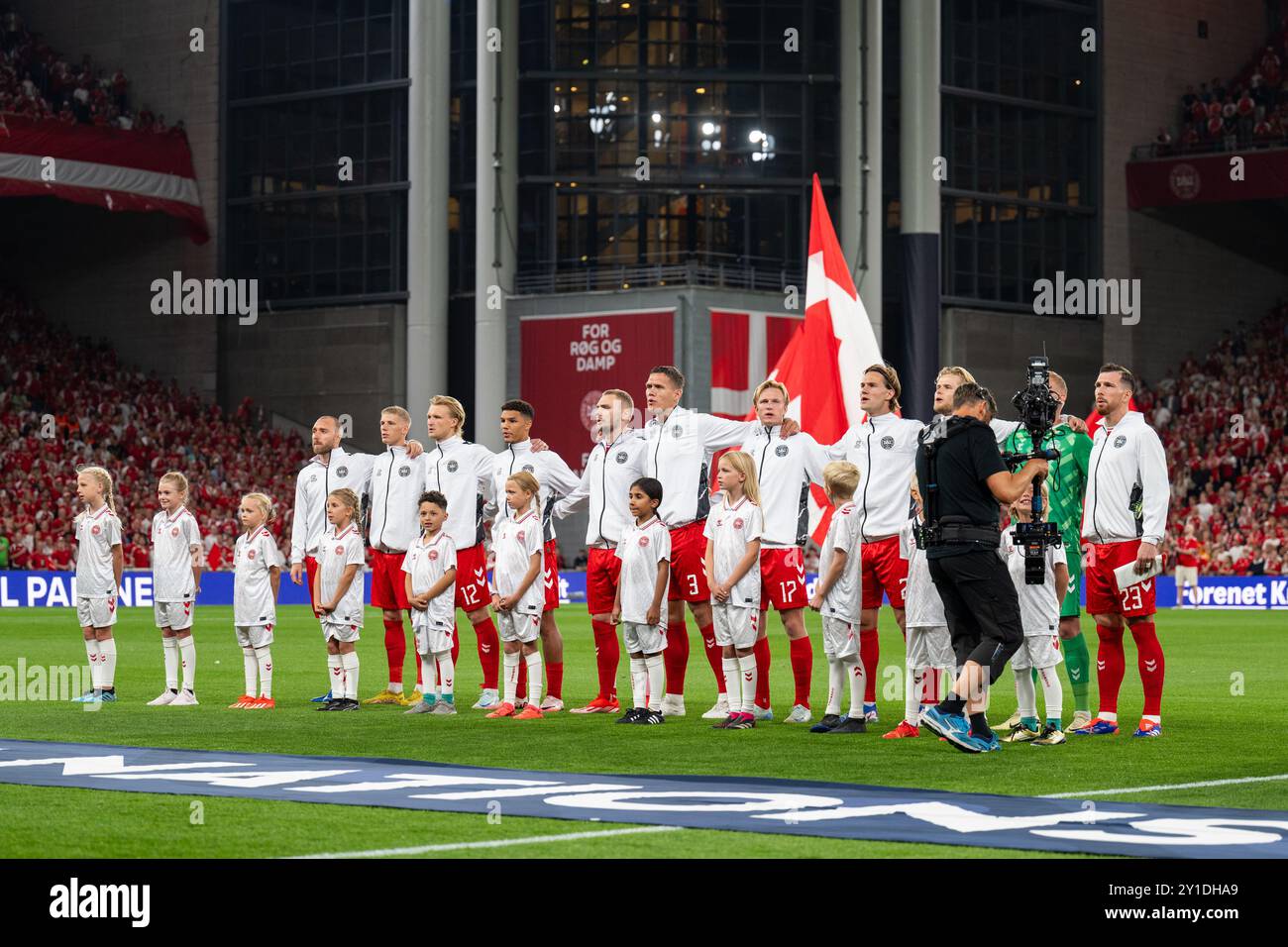 Copenhagen, Denmark. 05th Sep, 2024. The players of Denmark line up for ...