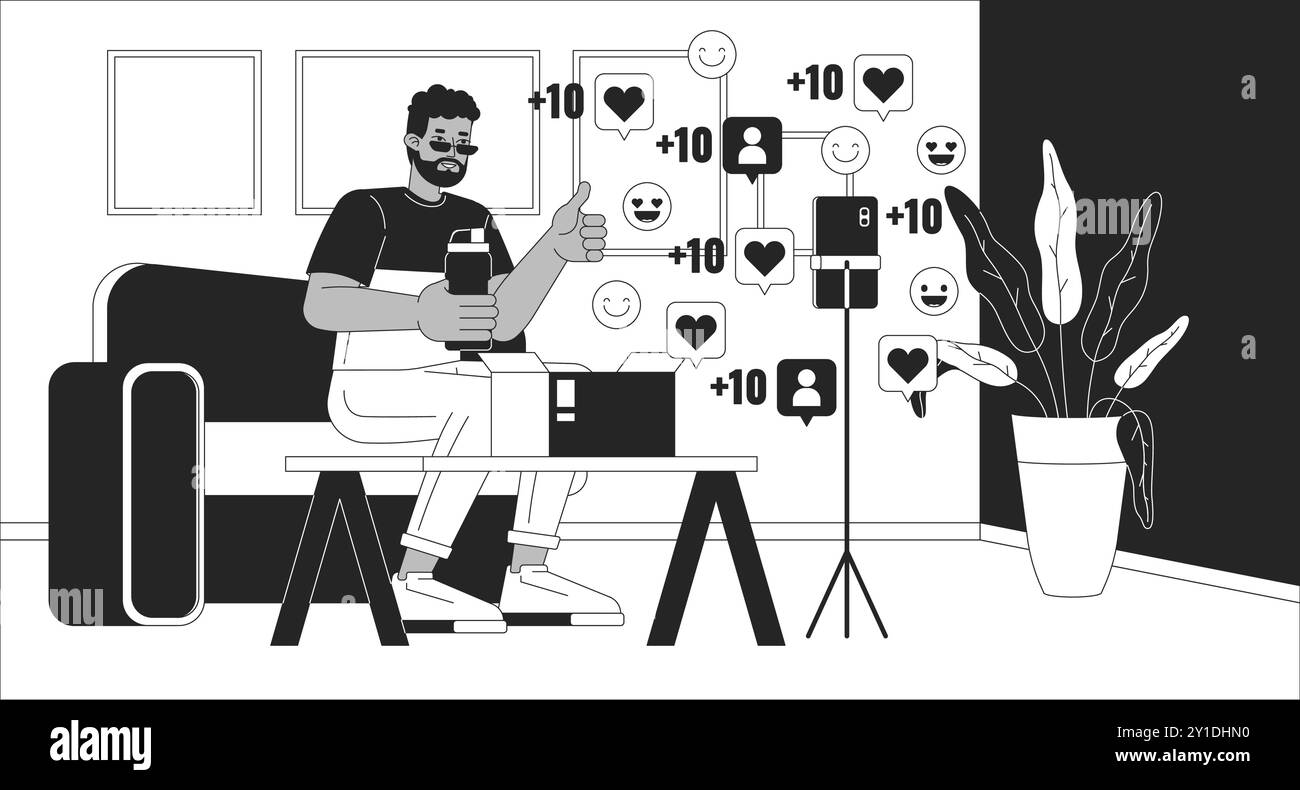 Unboxing video going viral black and white line illustration Stock ...