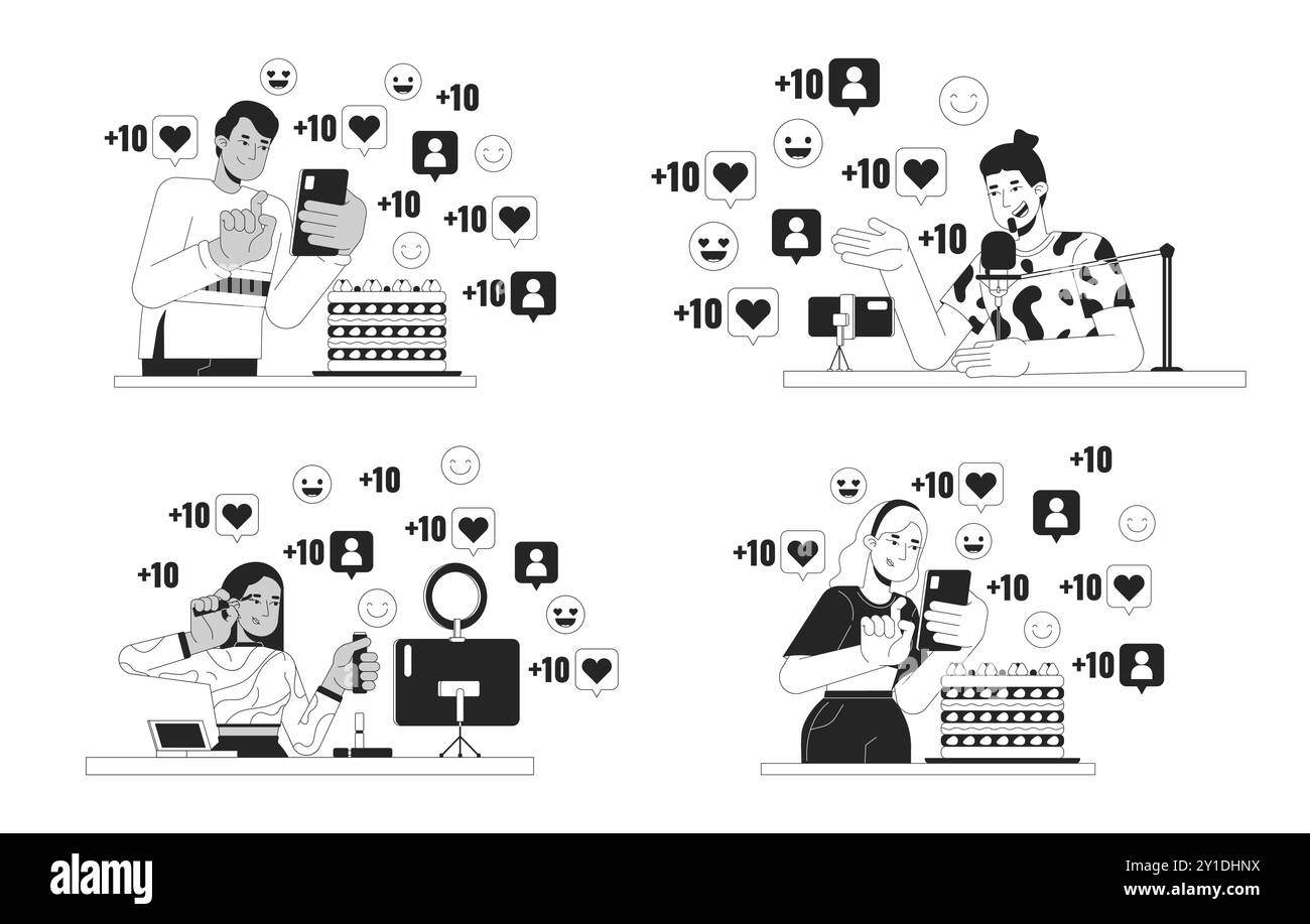 Influencer marketing black and white 2D illustration concept set Stock ...