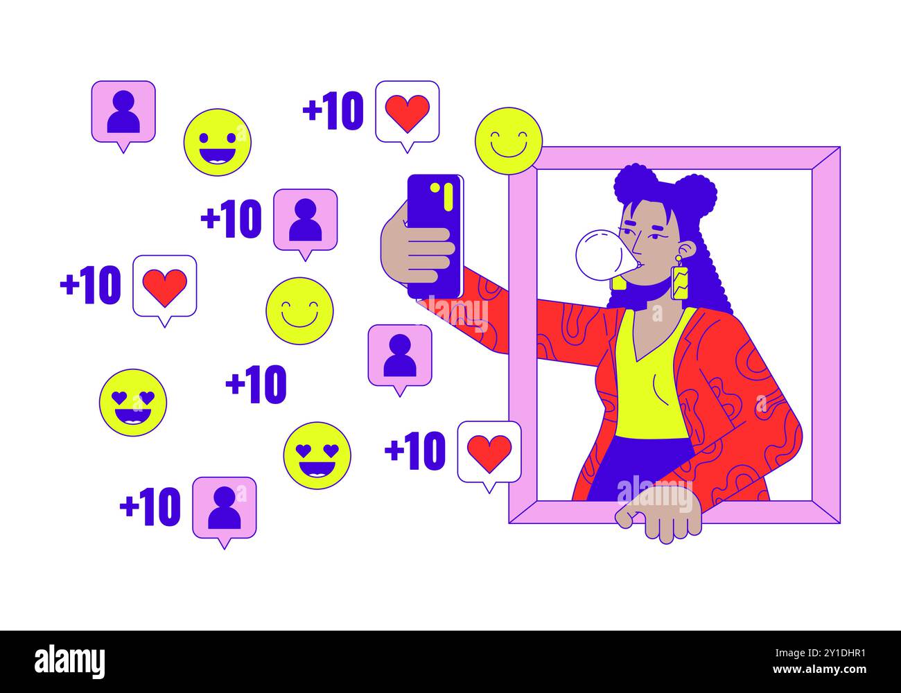 Latina girl taking selfie for social media 2D linear cartoon character ...