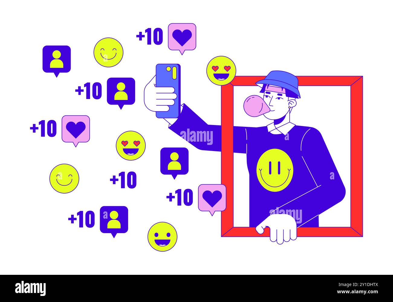 Korean guy making selfie for social media 2D linear cartoon character ...