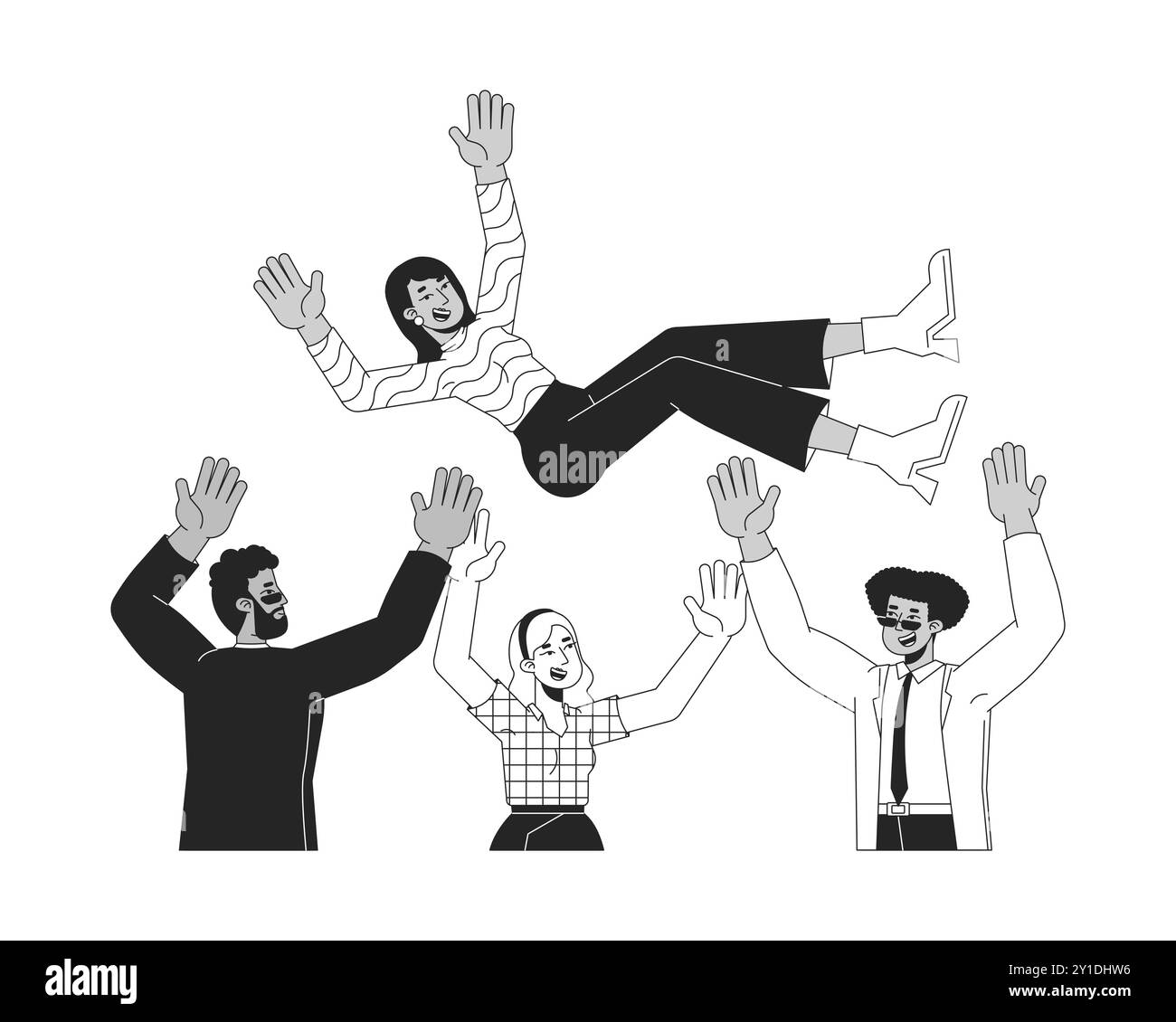 Diverse colleagues throwing indian woman in air black and white 2D line ...