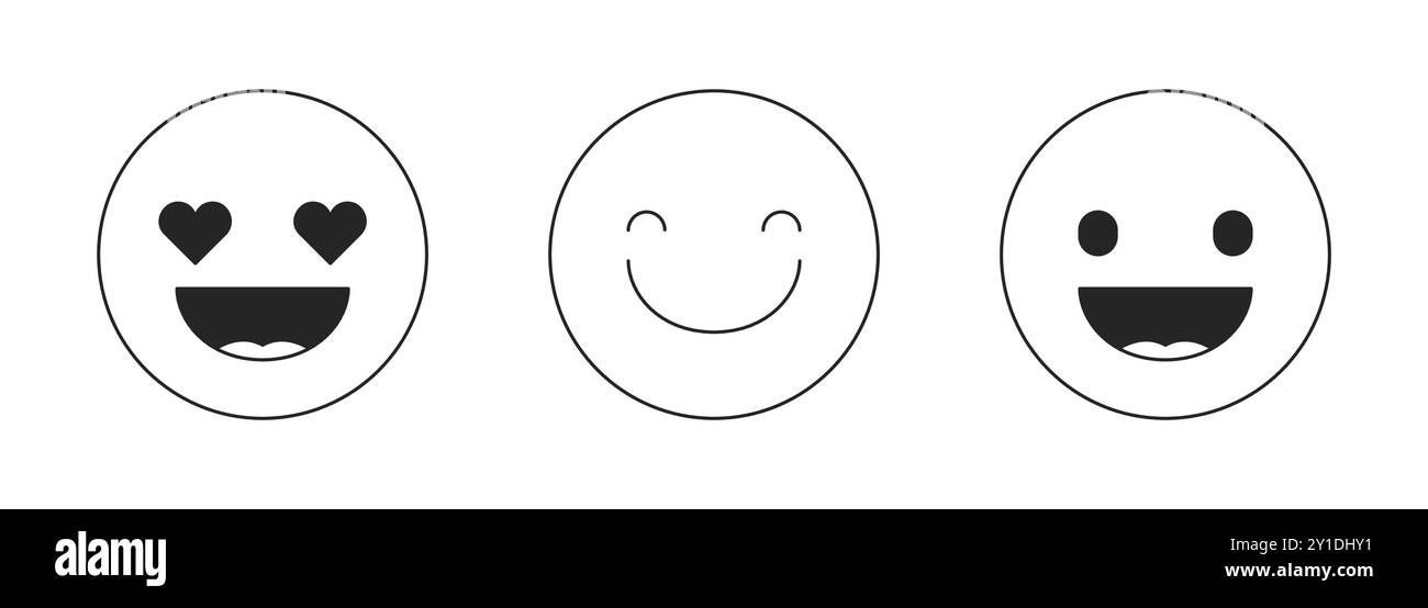 Happy emoticons for social media black and white 2D line cartoon ...