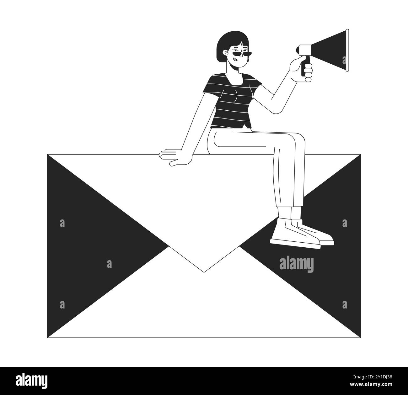 Asian woman with megaphone sitting on envelope 2D linear cartoon ...