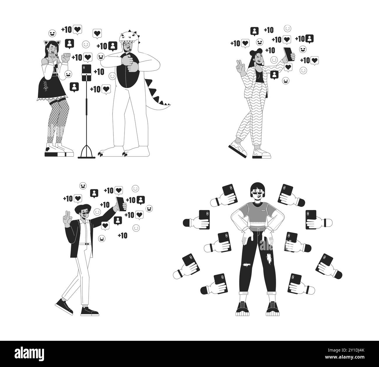 Viral influencers on social media black and white 2D illustration ...