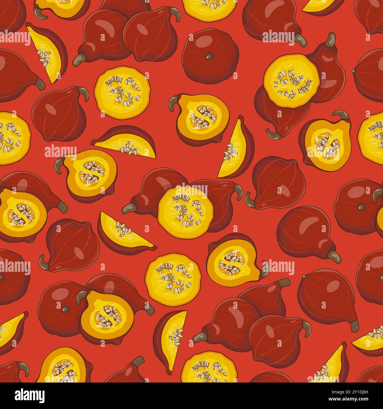 Seamless pattern with Red Kuri squash. Climbing Onion squash ...