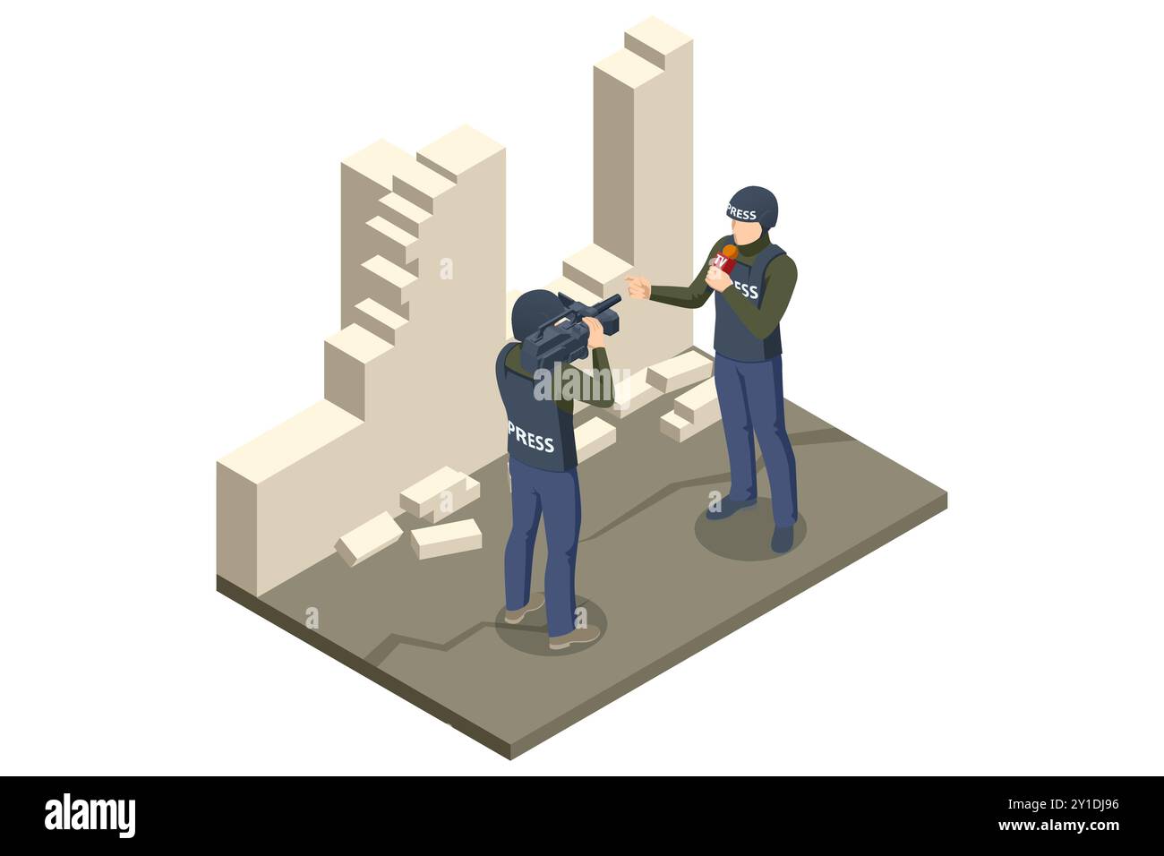 Isometric War journalist correspondent wearing a bulletproof vest and ...