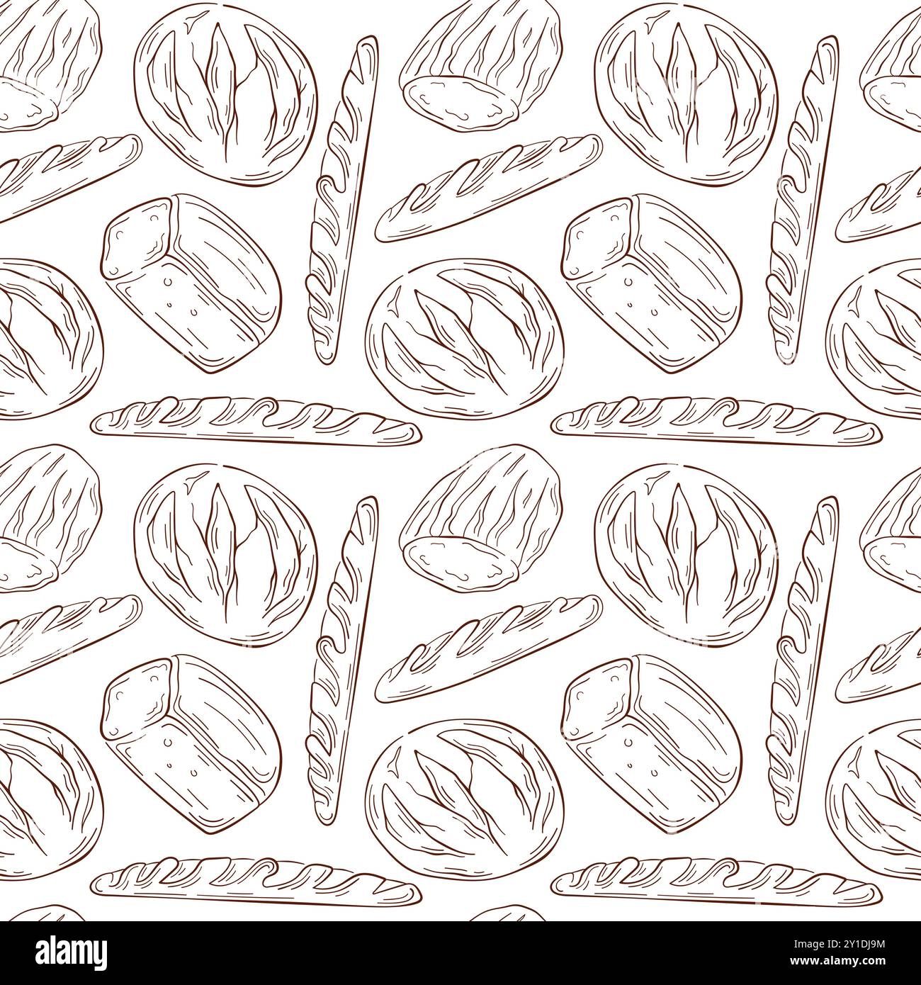 Seamless pattern with baguette and loaf bread in line art style. French ...